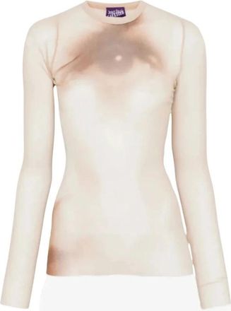 Jean Paul Gaultier Mesh Langarmshirt mit Print-Gesicht - - Tops - Damen - Beige - S