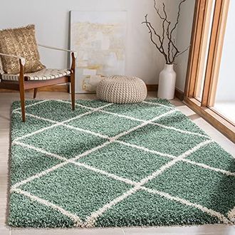 Safavieh Zottelig Teppich für Wohnzimmer, Esszimmer, Schlafzimmer - Hudson Shag Collection, Hoher Flor, Elfenbein und Schieferblau, 160 X 229 cm