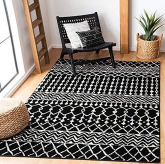 Safavieh Boho Teppich für Wohnzimmer, Esszimmer, Schlafzimmer - Tulum Collection, Kurzer Flor, Schwarz und Elfenbein, 91 X 152 cm