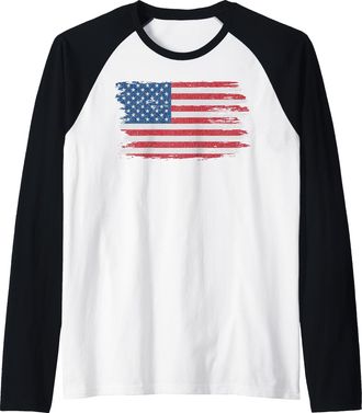 Trendy Apparel Distressed Faded Red White and Blue USA Flag Raglan