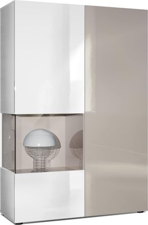 Vladon Vitrine Kommode Hochschrank Morena, Made in Germany, Korpus in Wei&szlig; matt/Rechte T&uuml;r und der Einsatz in Sandgrau Hochglanz