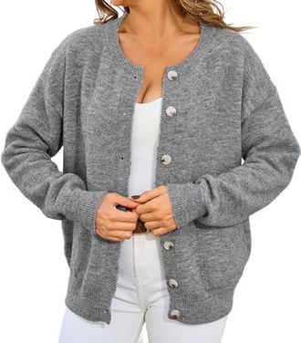 Generic 2026 - Vestes cardigans pour femmes &agrave; col roul&eacute; boutonn&eacute; &agrave; manches longues en tricot chaud, gris, XL