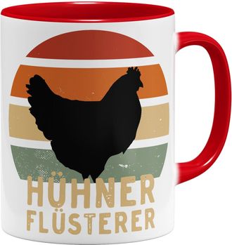 OM3 Hühnerflüsterer Kaffee-Tasse mit Spruch - Lustige Spruchtasse - Hühner Flüsterer - Statement - Keramik Becher - 325ml - Beidseitig Bedruckt - Rot