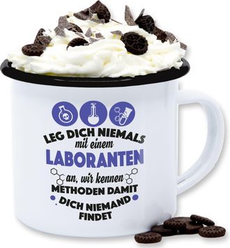 Shirtracer Emaille Blechtasse - Statement Spr&uuml;che - Leg dich niemals mit einem Laborant an Tasse - 300 ml - Wei&szlig; Schwarz - spruch sarkasmus labor tassen becher s