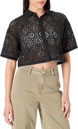 The Drop LUE Lace Button Down Cropped Shirts, Schwarz, XXL
