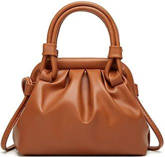 Generic Sac &agrave; main &agrave; bandouli&egrave;re fronc&eacute; en cuir souple avec poign&eacute;e sur le dessus pour femme, marron, Medium
