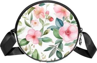 Generic Petit sac &agrave; bandouli&egrave;re circulaire pour femme, motif feuilles florales, sac &agrave; dos avec fermeture &eacute;clair, bretelles r&eacute;glables, sac &agrave; main rond d&eacute;contra