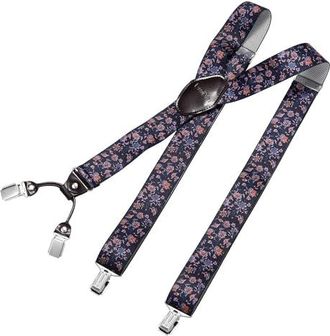 DonDon bretelles hommes larges 3,5 cm avec 4 clips extra-fortes et patch en cuir marron - Fleurs