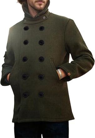 Generic Manteau court &agrave; double boutonnage pour homme, coupe ajust&eacute;e, col crant&eacute; classique, chaud et lourd, Vert, XXL