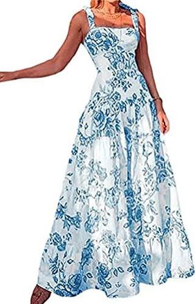 Minetom Femme Imprimé Floral Robes Longues sans Manches Robe Longue à Lacets Casual Maxi Robe de Plage Soirée C Bleu S