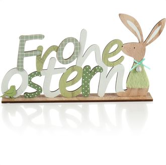 Com-Four Deko Aufsteller Frohe Ostern - Schriftzug mit Osterhasen - Osterdeko zum Hinstellen - Osterdekoration aus Holz mit Glöckchen (1 Stück - Hase und Vogel