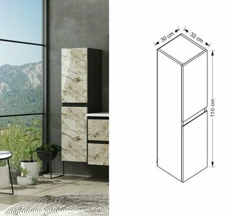 Home Line HS Badezimmerschrank badmöbel Badschrank Hochschrank Badregal (Korpus Schwarz Fronten Weiß Marmor Optik Cobra)