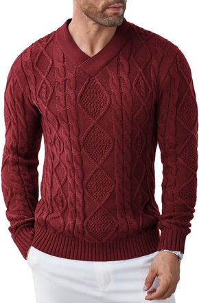 Coofandy Herren Pullover V-Ausschnitt Warm Slim Fit Pullover Strickpullover mit Zopfmuster Winter Modischer Pullover Herren Rot M