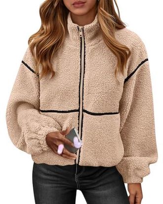 Generic Manteau Sherpa surdimensionn&eacute; confortable &agrave; fermeture &eacute;clair pour femme Automne Hiver Mode D&eacute;contract&eacute; Chaud Col montant Veste dext&eacute;rieur avec poches,