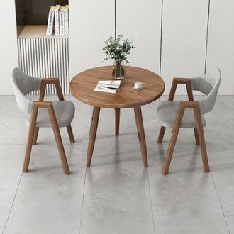 Generic Runder Empfangstisch Und 2 St&uuml;hle Im Set - Moderne Holzmaserung Mit PU-Ledersitzen for B&uuml;ro Oder Lounge(Light Gray Chairs+Walnut-Colored Table)