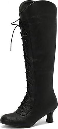 Generic Bottes d&eacute;quitation &agrave; bout rond &agrave; lacets pour femme - Talon bloc - Veau large - Chaussures dhiver r&eacute;tro, Noir, 40.5 EU