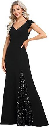 Ever-pretty Robe Demoiselle dhonneur Femme &agrave; Paillettes Longue Manches Courtes Col V Moulante Chic Noir 46