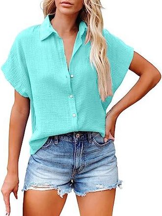 Generic Chemises et chemisiers en lin pour femme - Grande taille - Boutonn&eacute; - Manches courtes - Style d&eacute;contract&eacute; - Tunique ample - V&ecirc;tements tendance, vert m