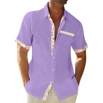 Generic Chemise hawa&iuml;enne boutonn&eacute;e en coton et lin &agrave; manches courtes pour l&eacute;t&eacute;, la plage, les vacances, les vacances, le printemps - Chemisier d&eacute;contract&eacute; av