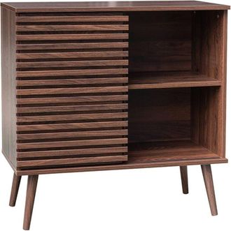 Sweeek Sweeek - Buffet scandinave décor bois noyer. buffet haut. vaisselier. avec 1 porte coulissante rainurée et 2 étagères 80cm