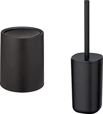 WENKO Schwarz, Schwingdeckeleimer Atri, Mülleimer mit Schwingdeckel, 6 l, 21 x 25,5 x 21 cm & WC-Garnitur Davos, puristische Garnitur Ø 9,5 x 35 cm, Schwarz