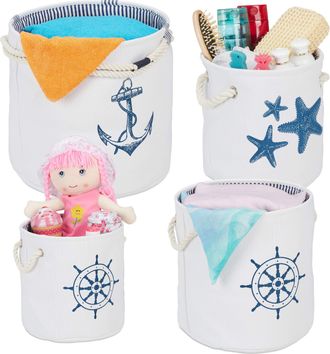 Relaxdays Aufbewahrungskorb 4er Set, Maritime Stoffkörbe mit Griffen, Aufbewahrung Bad, Spielzeug, 4 Größen, weiß/blau
