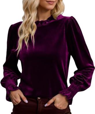 Generico Chemisier d&eacute;contract&eacute; en velours &eacute;l&eacute;gant pour femme, chemisier &eacute;l&eacute;gant en mousseline de soie unie avec col roul&eacute; et manches bouffantes avec volants, c