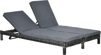 OUTSUNNY Polyrattan Doppelliege Sonnenliege Gartenliege f&uuml;r 2 Personen Relaxliege Luxus Lounge 5-stufige R&uuml;ckenlehne Metall PE Rattan Grau 196 x 120