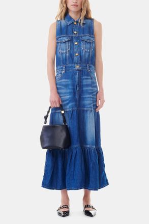 Ganni blau Langes Kleid aus blauem Denim Bio-Baumwolle - Gr&ouml;&szlig;e 36