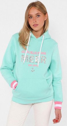 Zwillingsherz Hoodie Glücklich am Meer mit Pailletten, Kapuze und kontrastfarbigen Bündchen