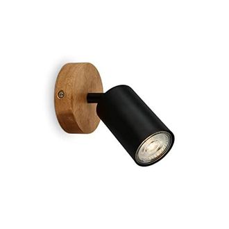Briloner Applique r&eacute;tro avec bois, Applique vintage, douille GU10, spot orientable, spot mural rustique, noir-bois, 90x85 mm 2922-015
