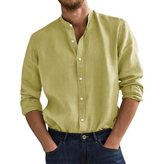 Generic Chemise pour homme &agrave; col grand-p&egrave;re &agrave; manches longues en lin chemise de loisirs boutonn&eacute;e d&eacute;contract&eacute;e unie col bande intelligente chemise de plage po