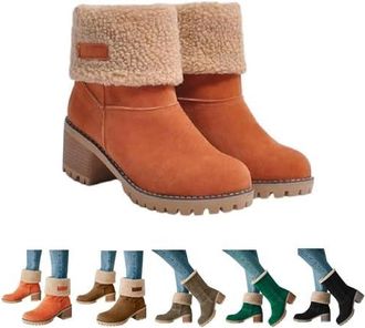 Generic Bottes dhiver pour femme - Confortables à enfiler - Talons épais en daim - Chaussures dextérieur décontractées et confortables - Imperméables - Doublu