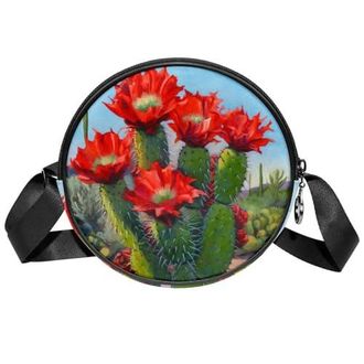 Generic Sac &agrave; bandouli&egrave;re rond pour femme, motif cactus rouge, petit sac &agrave; bandouli&egrave;re avec fermeture &eacute;clair, bretelles r&eacute;glables, sac &agrave; main rond d&eacute;contract&eacute;