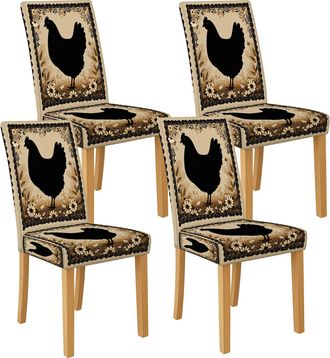 Generic Farmhouse Sitzbezüge mit Hühnermuster, dehnbar und waschbar, Spandex-Schonbezüge, rustikale dekorative Stuhlschoner für Esszimmer, Küche, 4 Stück