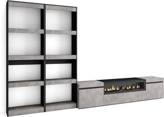 Skraut Home | Wohnwand Wohnzimmer | Wohnzimmerm&ouml;bel, M&ouml;belset | 320x186x35cm | F&uuml;r TV-Ger&auml;te bis zu 80 | Elektrokamin. | Moderner Stil | Zement