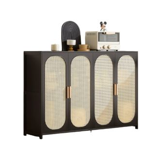 Generic Gro&szlig;z&uuml;giger Aufbewahrungsschrank, Doppelt&uuml;ren in Rattanoptik mit offenen Regalb&ouml;den, Flurschrank aus Holz, geeignet for Wohn- und Esszimmer(Color2,126