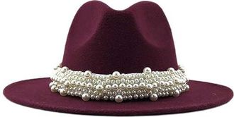 Generic Chapeau de jazz élégant pour femme avec perles et chapeau haut de forme Chapeau à large bord Chapeau en laine Cape de pluie pour homme, bordeaux, L