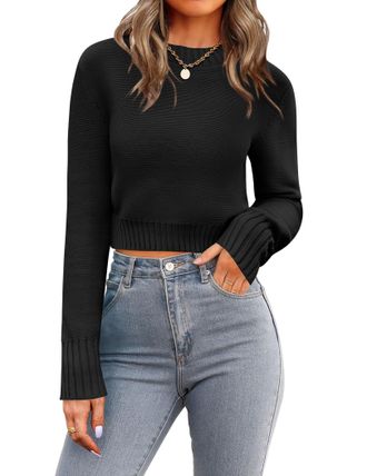Zeagoo Strickpullover Damen Cropped Pullover Warmer Langarm Pulli Bequem Strick Winterpullover Casual Einfarbig Halbhohem Kragen Sweater Schwarz S