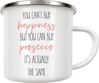 artboxONE Emaille Tasse Glücklich mit Prosecco von Melanie Viola - Emaille Becher Typografie