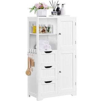 Yaheetech Armoire Rangement Salle de Bain, 3 Tiroirs 2 Casiers 4 Crochets 2 Placards, Étagère Réglable en Hauteur, 60 × 30 × 107 cm, Meuble Toilette/Cuisine/Cha