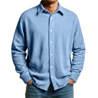 Generic Chemise gaufr&eacute;e pour homme et adulte, chemise &agrave; revers de couleur unie &agrave; manches longues boutonn&eacute;es, style vintage, d&eacute;contract&eacute; et de travail, chemise
