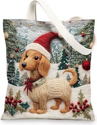 Generic Sac fourre-tout en toile motif teckel de No&euml;l pour faire du shopping, 33 x 38,1 cm, sac d&eacute;picerie r&eacute;utilisable pour femme, peinture danimaux domestiqu