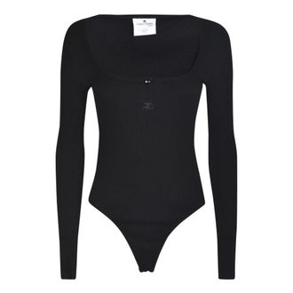 Courr&egrave;ges Femme, Tops, Noir, Taille: 38 FR Body Henley Noir avec Logo Brod&eacute;