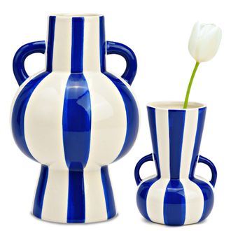 Matches 21 Blumenvasen Set bunt gestreift, blau wei&szlig; in 2 Gr&ouml;&szlig;en - Moderne Keramik Vase als Wohnzimmerdeko