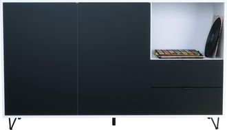 Vladon Sideboard Marino, Kommode mit 2 Türen und 2 Schubladen Schwarz matt, Made in Germany, Korpus Weiß matt (152,5 x 90,5 x 37 cm)