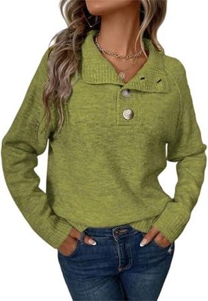 Generic Pull à col montant boutonné en tricot torsadé pour femme, pull tendance surdimensionné doux de couleur unie, pull décontracté à manches longues, Vert,