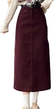 Generic Jupes longues dhiver vintage taille haute pour femme élégante bureau solide en velours côtelé jupe crayon avec ceinture, bordeaux, XL