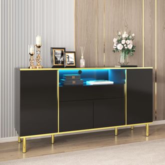 Generic HUQIQWE Sideboard Hochglanz 150x40x80cm LED, Buffetschrank 4 T&uuml;ren 1 Schublade, Kommode Schwarz, Regal Mit T&uuml;ren, Aufbewahrungsschrank K&uuml;che, F&uuml;r Wohn