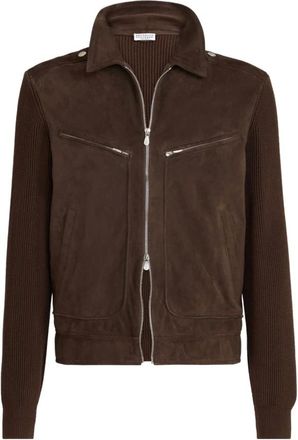 Brunello Cucinelli Homme, Vestes, Brun, Taille: L Veste en daim &agrave; maille c&ocirc;tel&eacute;e